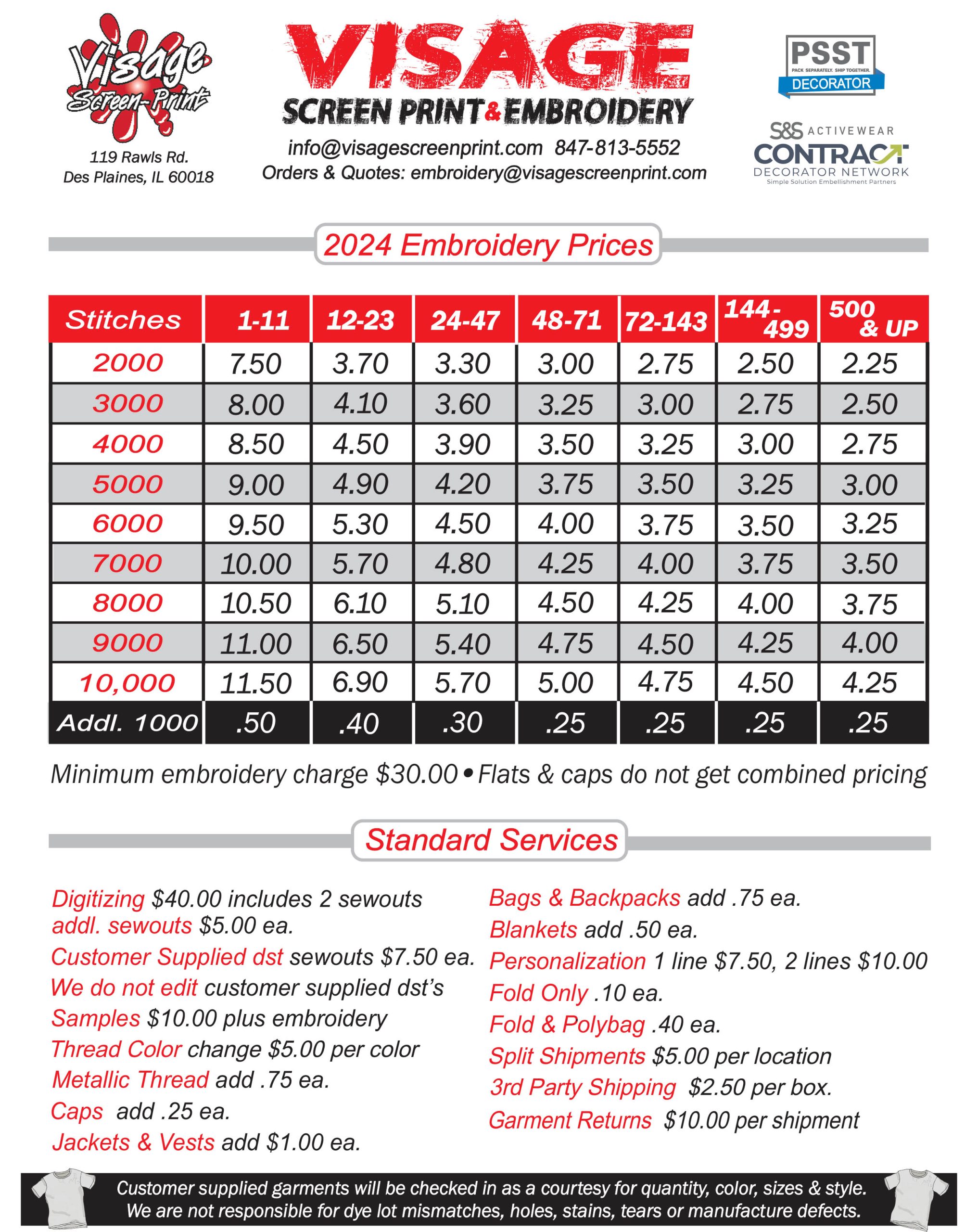 Pricelist - Visage Screen Print